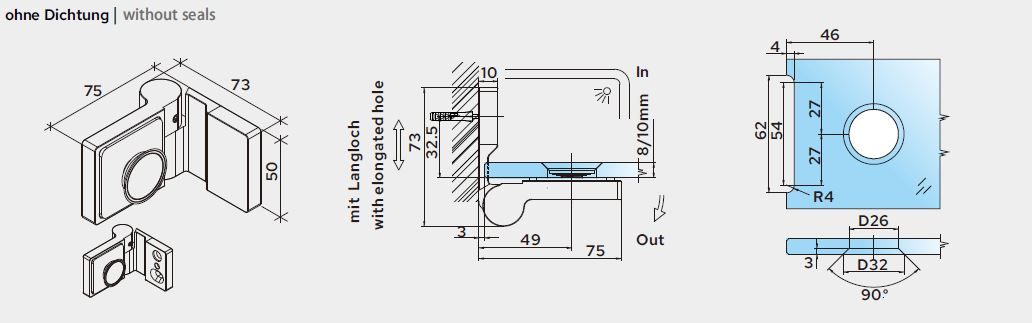 Flächenbündiges Duschtürband Lugano Glas-Wand 90° mit Hebe-Senk ...